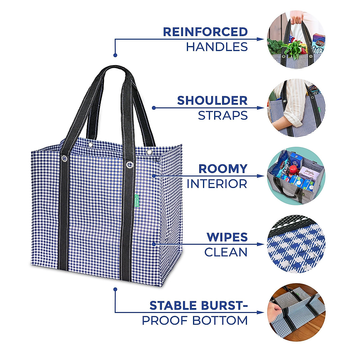Heavy Duty Reusable Grocery Bags, Foldable Grocery Reusable Bags, 3-Pack Multipurpose Grocery Tote Bags, X-Large Reusable Grocery Bags with Handles & Hard Bottom (10 Gallons, Blue)