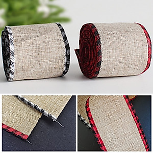 2 Rolls Glitter Buffalo Plaid Wired Edge Ribbons for Valentine's Day Gifts, Burlap Fabric Craft Natural Wrapping Ribbon Rolls with Checkered Edge for Christmas Party Box Wrapping Decor(1.5 x 216 Inch)
