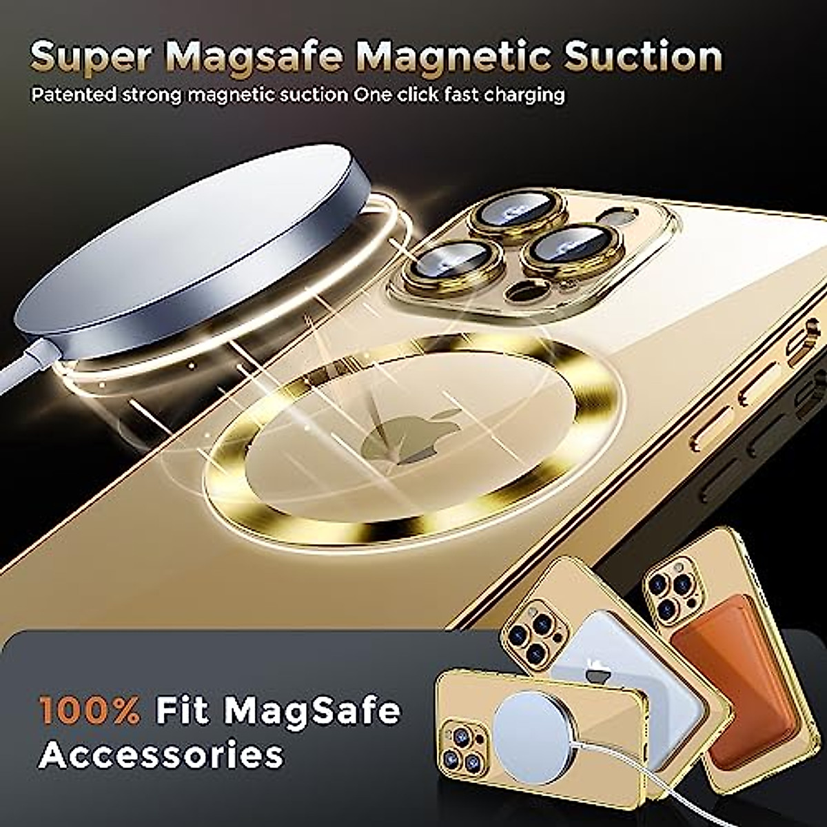 Metal Magnetic Clear Case for iPhone 13 Pro Max [CD Pattern for Magsafe Ring & Safety Lock] [Metal Frame Bumper] [Integrated Camera Lens Protector] Shock-Absorb Case, Clear Back Cover - Luxury Gold