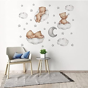 Tedy Bear Wall Decor, Tedy Bear Sleeping on The Moon and Stars Wall Stickers Cartoon Cute Tedy Bear Decals Extra Stars Wall Decor for Kids Baby Room Interior Nursery Tedy Bear Decoration