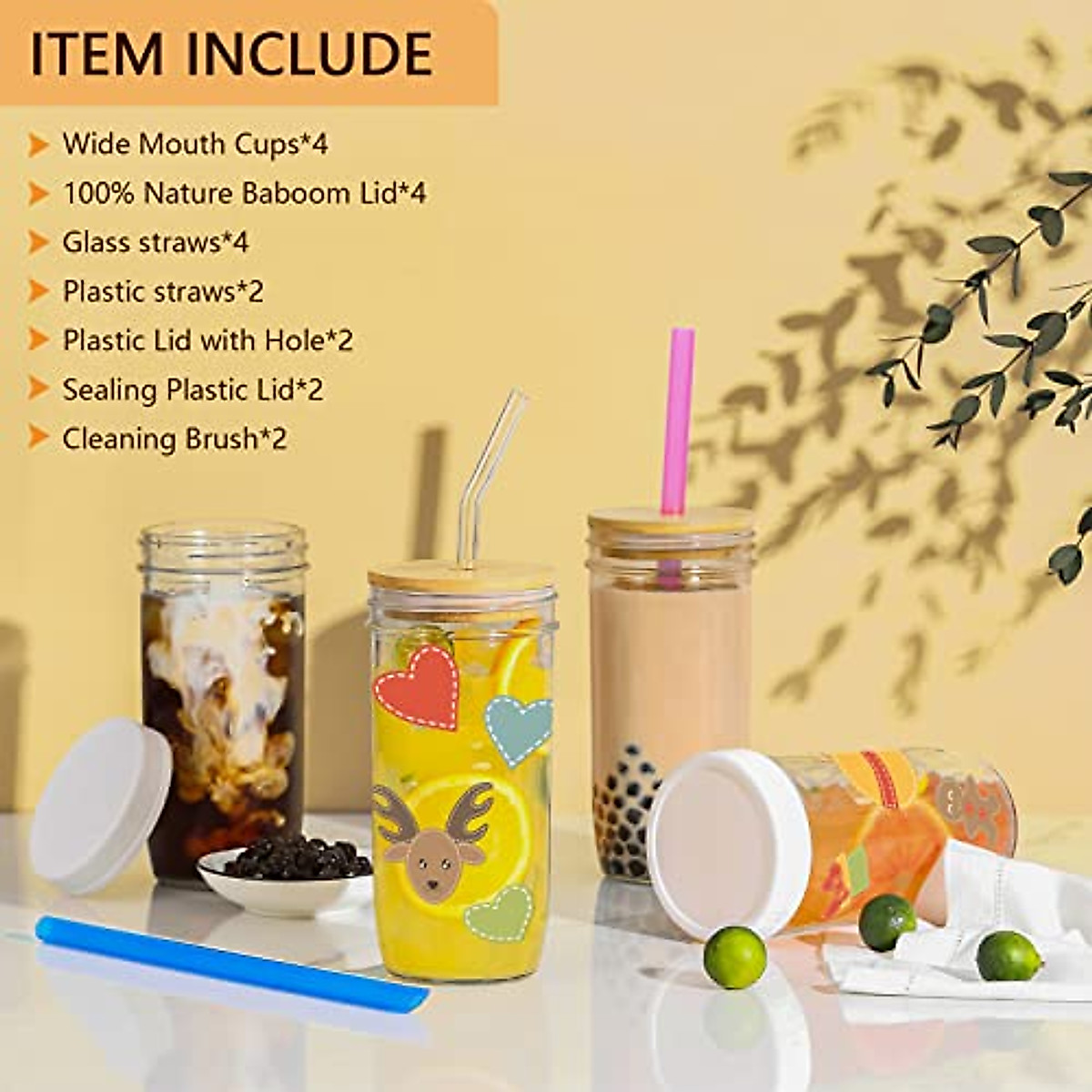 4 Pack Glass Cups Set - 24oz Mason Jar with Bamboo Lids and Glass Straw & 2 Airtight Lids - Cute Boba Drinking Glasses, Reusable Travel Tumbler Bottle for Iced Coffee, Smoothie, Bubble Tea, gift