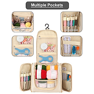 Katech Crochet Bag Yarn Storage Organizer, Yarn Bags for Crocheting With Hanging Hook, Crochet Travel Bag for Crochet Hook, Knitting Accessories Project, Crochet Tote Bag White