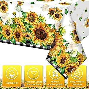 4Pcs Sunflower Buffalo Plaid Checkered Tablecloths,Plastic Sunflower Floral Table Cloth Spring Summer Vinyl Table Cover for Indoor Outdoor Birthday Bridal Baby Shower Party Decorations,54 x 108 Inch