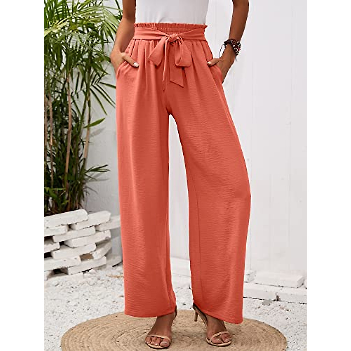 Heymoments Women's Wide Leg Lounge Pants with Pockets Coral Large Lightweight High Waisted Adjustable Tie Knot Loose Comfy Casual Trousers