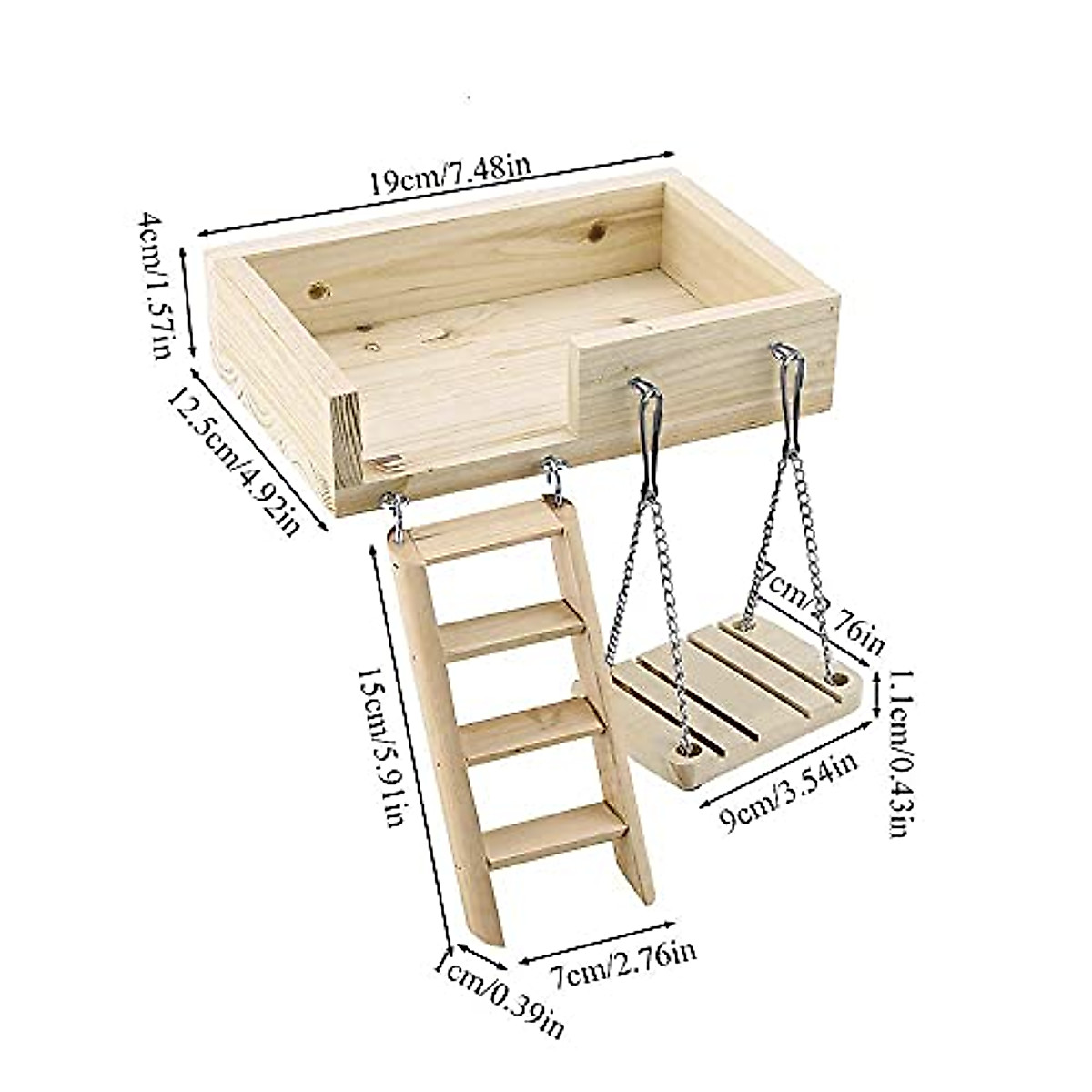 Hamster Platform with Ladder,Wooden House Hut Hideout Swing Rat Playground Activity Set with Climbing Ladders Play Toys for Mouse,Gerbil, Small Animals