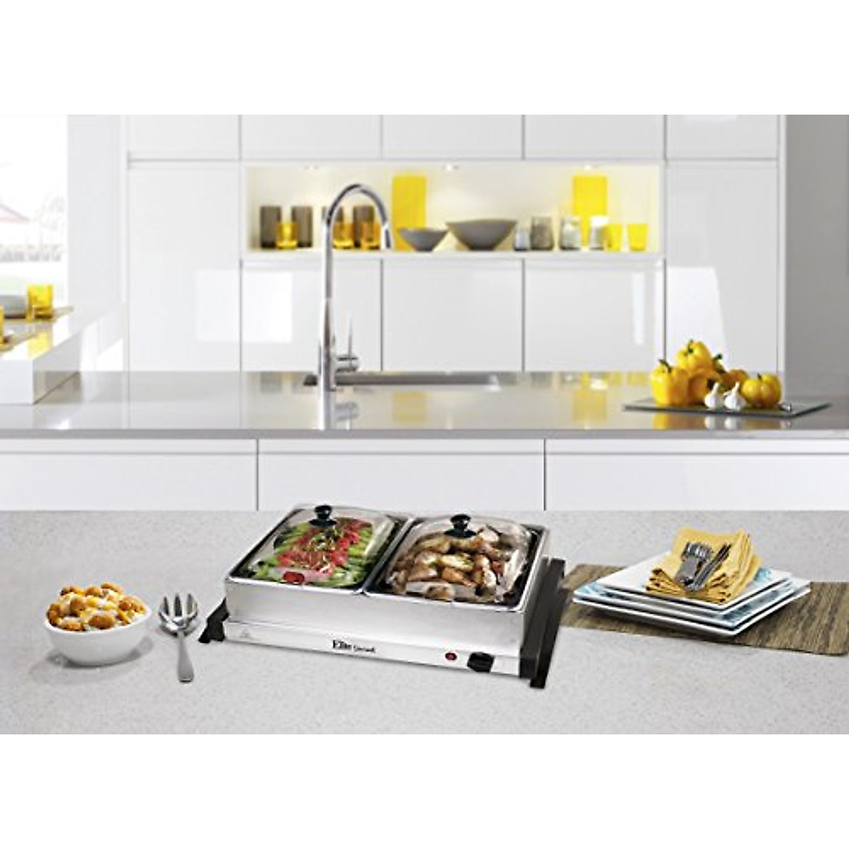 Elite Gourmet EWM-6122 Dual 2 x 2.5 Qt. Trays, Buffet Server, Food Warmer Temperature Control, Clear Slotted Lids, Perfect for Parties, Entertaining & Holidays, 5 Qt Total, Stainless Steel