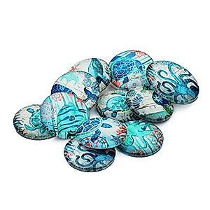 VILLCASE 60 pcs Flat Round Beads Glass snap Buttons Bracelet Blanks Beads for Bracelets Mosaic Printed Beads Picture Glass cabochons Rhinestone Jewelry Glass Patch Gem Paste Seaside Ocean