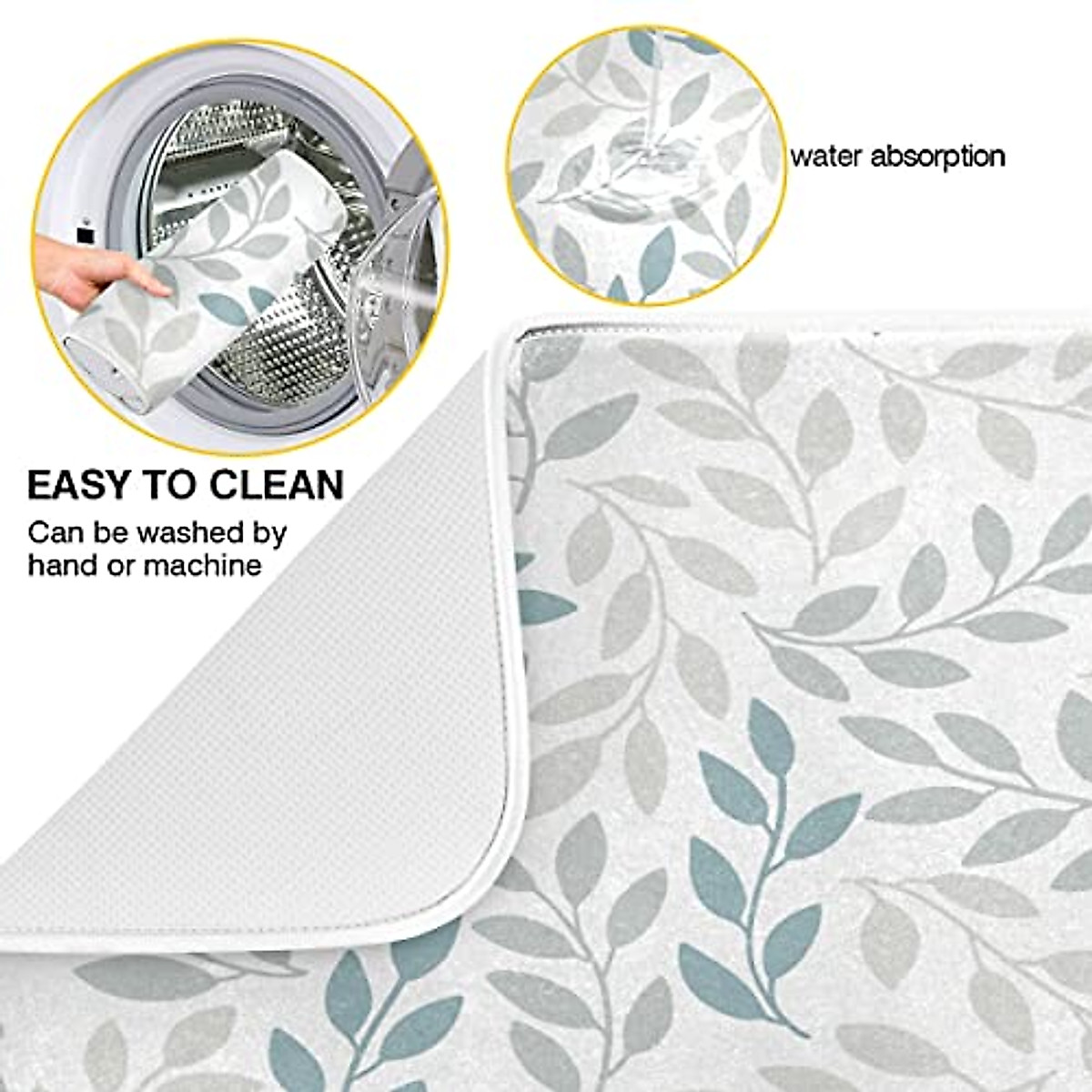 Grey and Blue Leaves branches Dish Drying Mat 16x18 for Kitchen Gray Leaves Botanical Spring Flowers Dishes Pad Dish Drainer Rack Mats Absorbent Fast Dry Kitchen Accessories