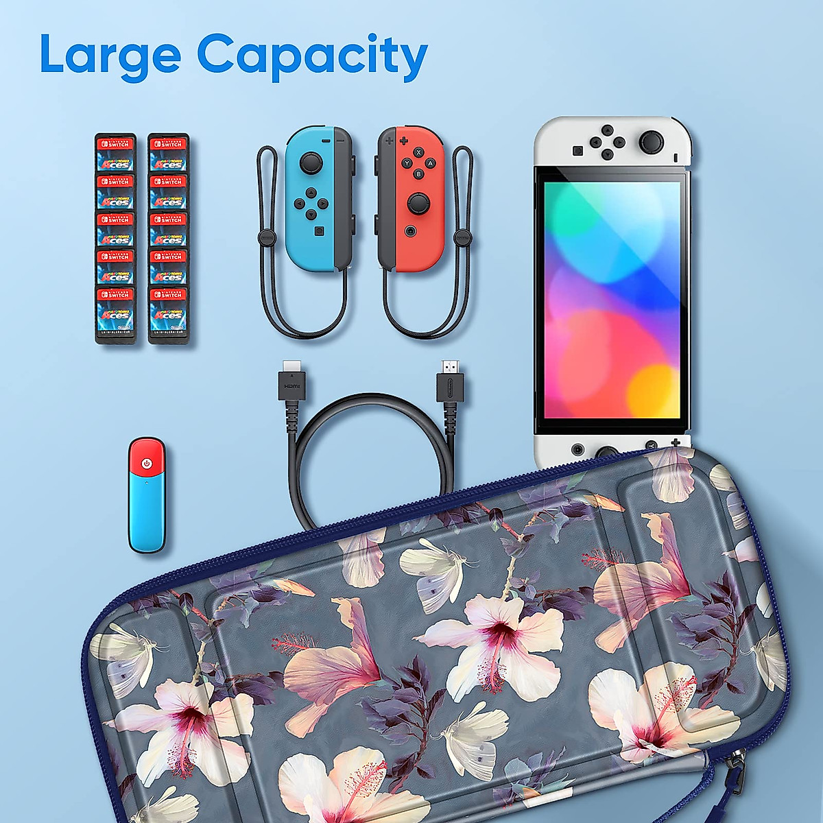 Fintie Carrying Case for Nintendo Switch OLED Model 2021/Switch 2017, [Shockproof] Hard Shell Protective Cover Travel Bag with 10 Game Card Slots & Inner Pocket, Hibiscus