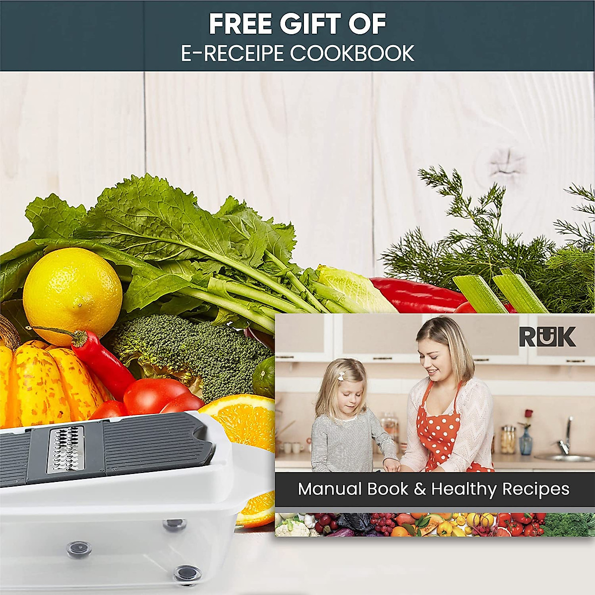 RüK Vegetable Chopper Slicer Onion Chopper Dicer, Multi 22-in-1 Veggie Mandoline Slicer Food Chopper Cutter for Tomato Fruit with Lemon Squeezer, E-Recipe, 11 Blades, Egg Separator & Slicer, Container