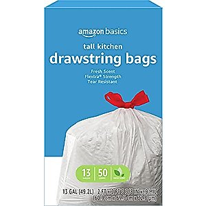 Amazon Basics Flextra Tall Kitchen Drawstring Trash Bags, Fresh Scent, 13 Gallon, 50 Count