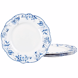 fanquare 8 Inch Blue Floral Porcelain Dessert Plates Set of 4, Scalloped Ceramic Salad Plates for Appetizer, Microwavable Plates