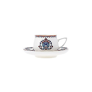 KARACA Nakkas Espresso Cup and Saucer Set for 6 People, 90 ml 3 oz Turkish Coffee Cups with Saucers, 12 Pieces, Mocha & Cappuccino Cups Made of Porcelain, Traditional Turkish Pattern, Dishwasher Safe