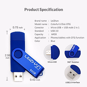 leizhan 128GB Flash Drive for Samsung Galaxy S4 S5 S6 S7 HTC Nokia Moto Huawei, Micro-USB 3.0, Blue