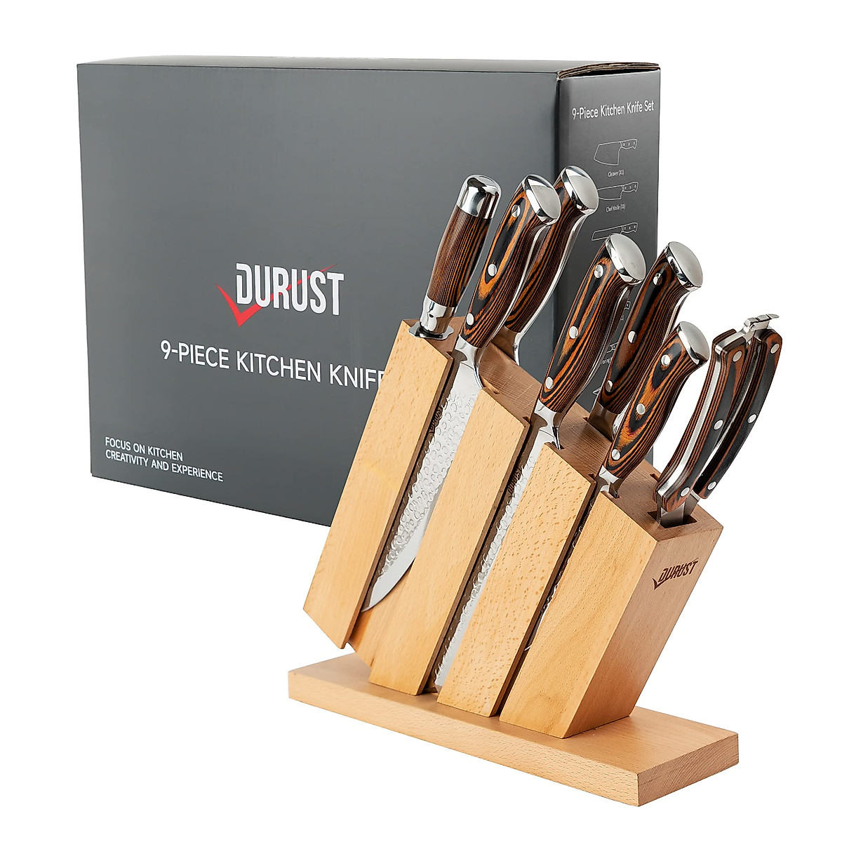 Durust Kitchen Knife Set with Beech Wood Block, 9-Piece 5Cr15Mov Stainless Steel Knives with Pakkawood +S/S 430 Bolster Handle,