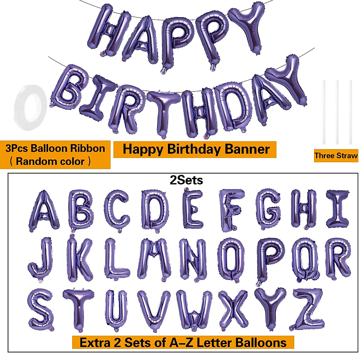 UWPVOWSR Purple Personalized Name Happy Birthday Balloon Banner Happy Birthday Balloon Letters Balloons 2 Sets A- Z 16 inch Mylar Foil Birthday Party Decorations for Kids Women Men Boys Girls Adults