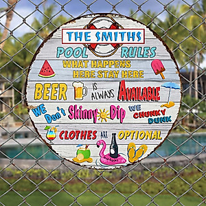 V VIBEPY All Over Printed, Personalized Pool Rules Wooden Sign, Pool Rules What Happens Here Stay Here, Pool Bar Decor, 8”,12”,18” Wooden Sign, Summer Decor Outdoor, Housewarming Gift (02)