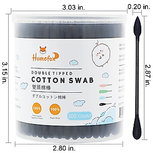 HOMEFOX Black Cotton Swabs Precision Pointed - 200 Count Organic Pointy Pointed Cotton Buds Double Side Tightly Wrapped Charcoal Cotton Tip Paper Stick Soft Gentle Cruelty-Free, Pointy & Round (Black)