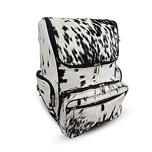 Cowhide Backpack Hair On | Fur Leather Diaper Backpack Rucksack / Knapsack Travel Shoulder Bag / Cow Skin Baby Bags (Black White Salt Pepper), 9'' D X 10.5'' W X 15'' H