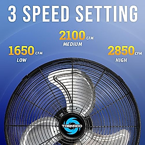 Tornado 16 Inch Pro Series High Velocity Oscillating Wall Mount Fan For Industrial, Commercial, Residential Use 3 Speed 2850 CFM UL Safety Listed