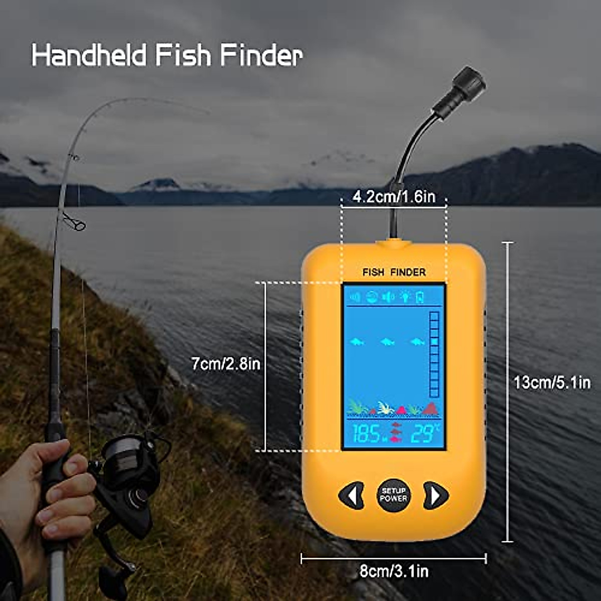 WHYATT Portable Fish Finder Handheld Wired Fish Depth Finder Kayak Boat Fishfinder with Sonar Transducer