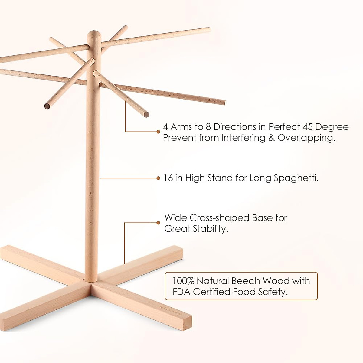 iSiLER Natural Beech Wood Pasta Drying Rack with 8 Branches, Easy to Transfer for Drying Pasta and Spaghetti, Special Suspension Design for Storage