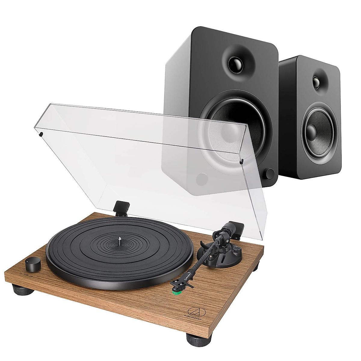 Audio Technica AT-LPW40WN Fully Manual Belt-Drive Turntable Bundle with Kanto YU6 Powered Wireless Bluetooth Speakers - Matte Black
