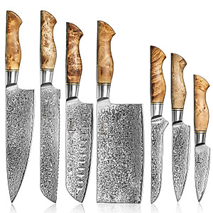 SENKEN 7-Piece Damascus Kitchen Knife Set - Dynasty Collection - 67-Layer Japanese VG10 Steel with Sycamore Wood Handles, Chef's Knife, Cleaver, Bread, Santoku, Boning, & More