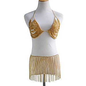 Sinkcangwu Womens Body Chain Suit Boho Rhinestone Bra Waist Belly Chain with Tassel Indian Dancing Skirt Dress for Party Halloween Costume Beach Bikini (Gold Metal)