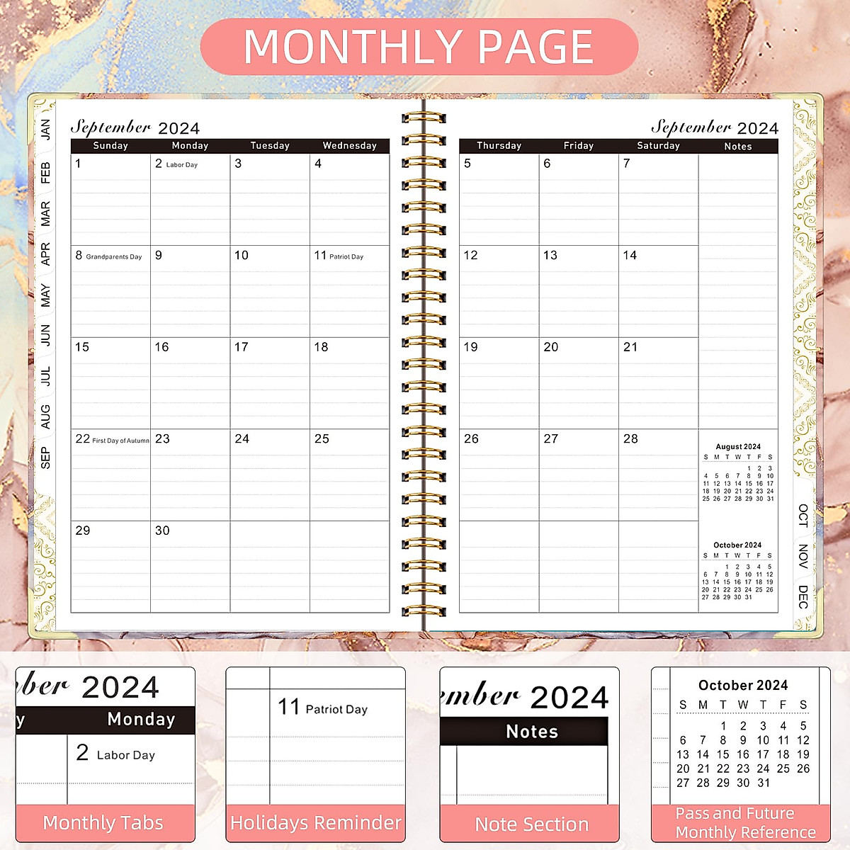 Knagsfa 2024 Monthly Planner, Jan 2024 - Dec 2024 Weekly Monthly Planner 6.5" x 8.5" with Page Tabs, Calendar Hardcover with Inner Pocket, Elastic Band, Twin-Wire Binding, Bookmark,Salmon Pink Marble