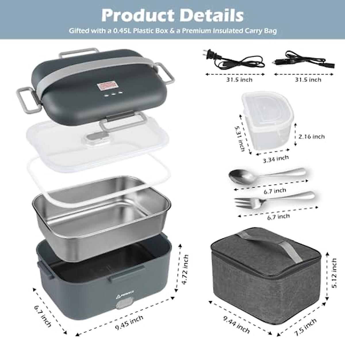 PHIWILLS 100W Electric Lunch Box, 1.8L Container with PP Lid, 12V/24V/110V Food Warmer Heater for Car/Truck/Work, Heated Lunchbox with 0.45L Compartment, Stainless Steel Spoon & Fork, Insulated Bag