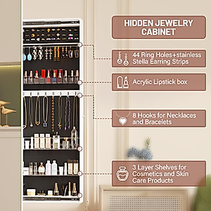 LVSOMT 360° Swivel Jewelry Armoire, Rotatable Full Length Mirror with Jewelry Storage, Standing Jewelry Cabinet with Coat Rack, White, Soild Wood