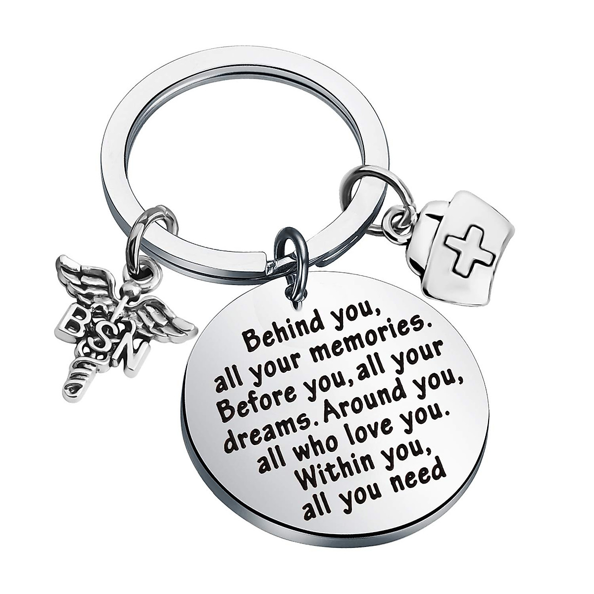 FEELMEM BSN Keychain BSN Bachelor of Science Nursing Gifts Behind You All Memories Before You All Your Dream BSN Graduation Gift for Women (BSN Keychain)