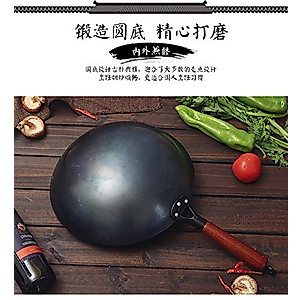 SERENITA Chinese 100% Hand Hammered Iron Woks Stir Fry Pans, Non-stick, No Coating, Less Oil, 34CM, Black Seasoned Wooden handle