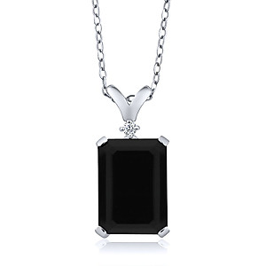 Gem Stone King 6.62 Cttw Black Onyx and White Diamond Necklace In 925 Sterling Silver | Emerald Cut 14X10MM Pendant Necklace for Women | Gemstone Birthstone | With 18 inch Silver Chain