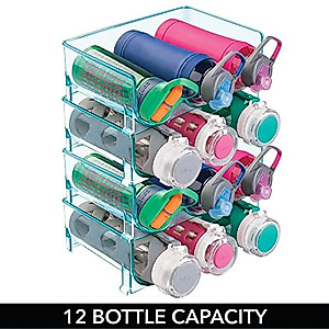 mDesign Stackable Plastic 3 Bottle Refrigerator Wine Rack - Kitchen Storage Organizer for Champagne, Wine or Water Bottles - Stacking Wine Organizer for Fridge - Ligne Collection - 4 Pack - Blue Tint