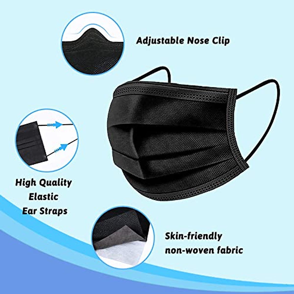 Black Disposable Face Masks - 50 Pack Black Masks for Women and Men，3 Ply Breathable Adult Face Masks