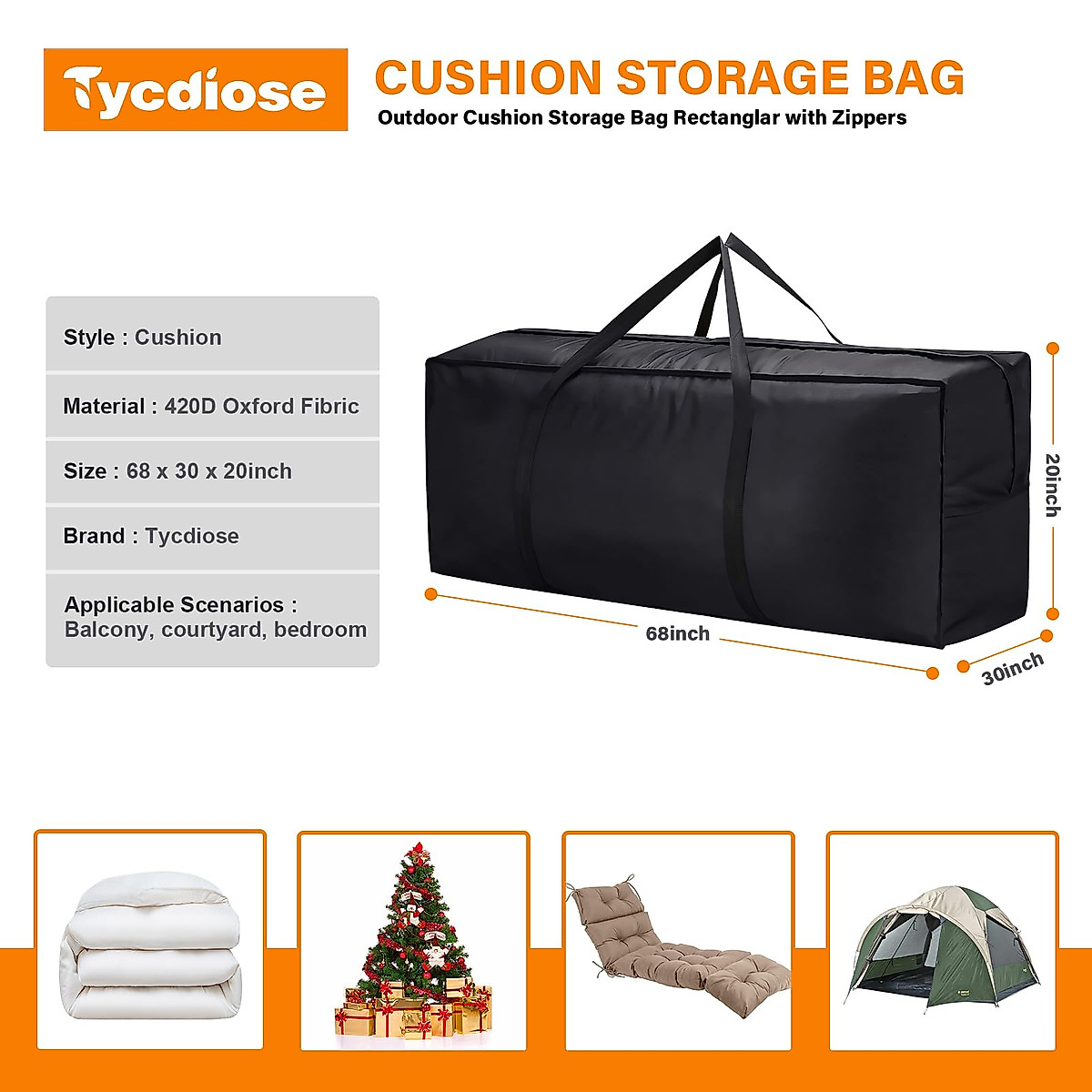 Tycdiose Outdoor Cushion Storage Bag Rectanglar with Zippers and Handles 68L x 30W x 20H Inch Waterproof Patio Csuhion Cover Garden Furniture Storage Bag Black
