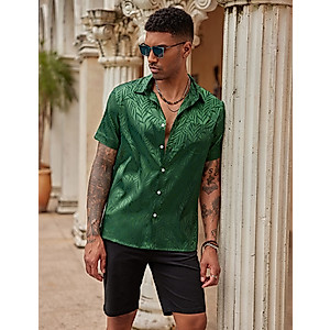 COOFANDY Mens Shirt Summer Beach Dress for Wedding Satin Button Down, 02 Deep Green, XX-Large, Short Sleeve