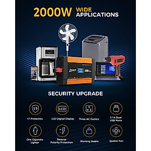 Ampeak 2000W Power Inverter with Remote 3AC Outlets 6.2A USB Ports Inverter DC 12V to AC 110V 17 Protections Inverter for Vehicles