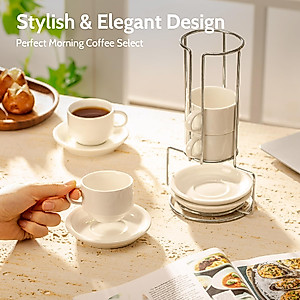 Sweese 2.5 Ounce Porcelain Stackable Espresso Cups with Saucers and Metal Stand Set of 4, White