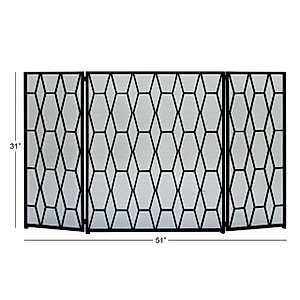 Deco 79 Metal Geometric Foldable Mesh Netting 3 Panel Fireplace Screen, 51" x 1" x 31", Black
