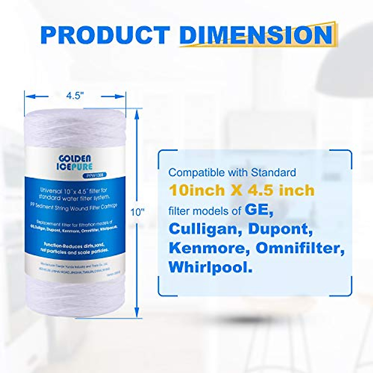 GOLDEN ICEPURE 5 Micron 10”4.5'' Whole House Sediment String Wound Water Filter Replacement filter for 84637, WPX5BB97P, PC10, 355214-45, 355215-45, WP10BB97P, WP5BB97P, 2PACK