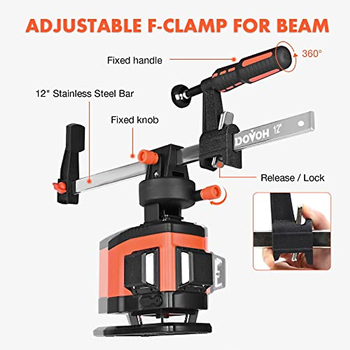 DOVOH Laser Level Easy Setup without Magnet: 3x360 Self Leveling High Accuracy Green 3D Laser Level 12 Lines with Bar Clamp for Beam for Construction Tiling with Remote Control, KF3-FC01