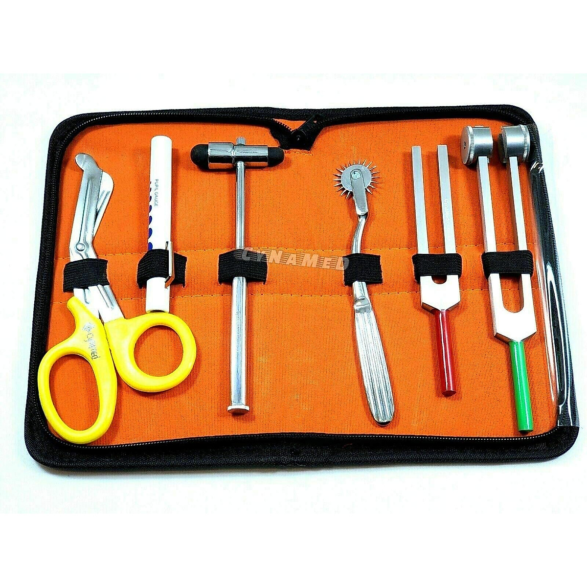 Student Diagnostic Kit- Reflex Hammer & Tuning Fork Set C 128 And C 512 + Wartenberg Pinwheel Premium Steel Bandage Scissor 7.5” (Set Of 6 Reflex Buck Hammer Yellow Scissor Penligh)