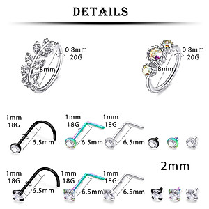 Kridzisw 18g Nose Rings Studs Hoops Piercing Jewelry 316L Stainless Surgical Steel L Shaped Screw Spiral Twist Hypoallergenic Heart Cute Nostril Ring Hoop for women Men Diamond 2mm 8mm