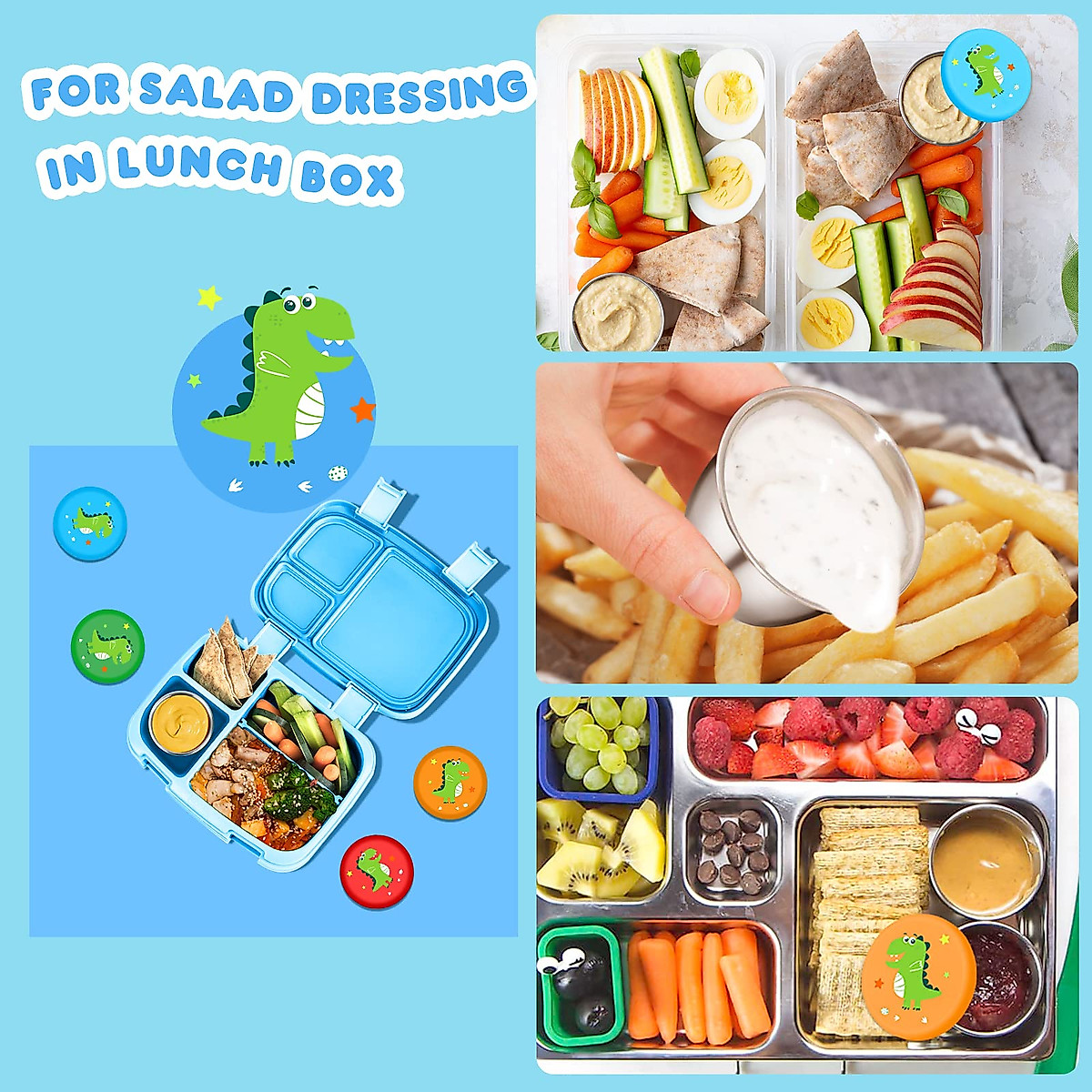 MAIGOZON Kids Salad Dressing Containers To Go, 1.7 oz Small Condiment Containers with Dinosaurs Leakproof Silicone Lids, Reusable Stainless Steel Sauce Dip Cup for Kids Boys Lunch Bento Box, 4PCS