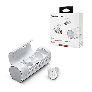 Phiaton Bolt BT 700 Bluetooth Earphones, True Wireless Earbuds with a Charging Speaker Case, Noise Reduction Earbuds, Stereo Sound, Dual MEMS Mic, Voice Command, 20 Hrs. Playtime, White
