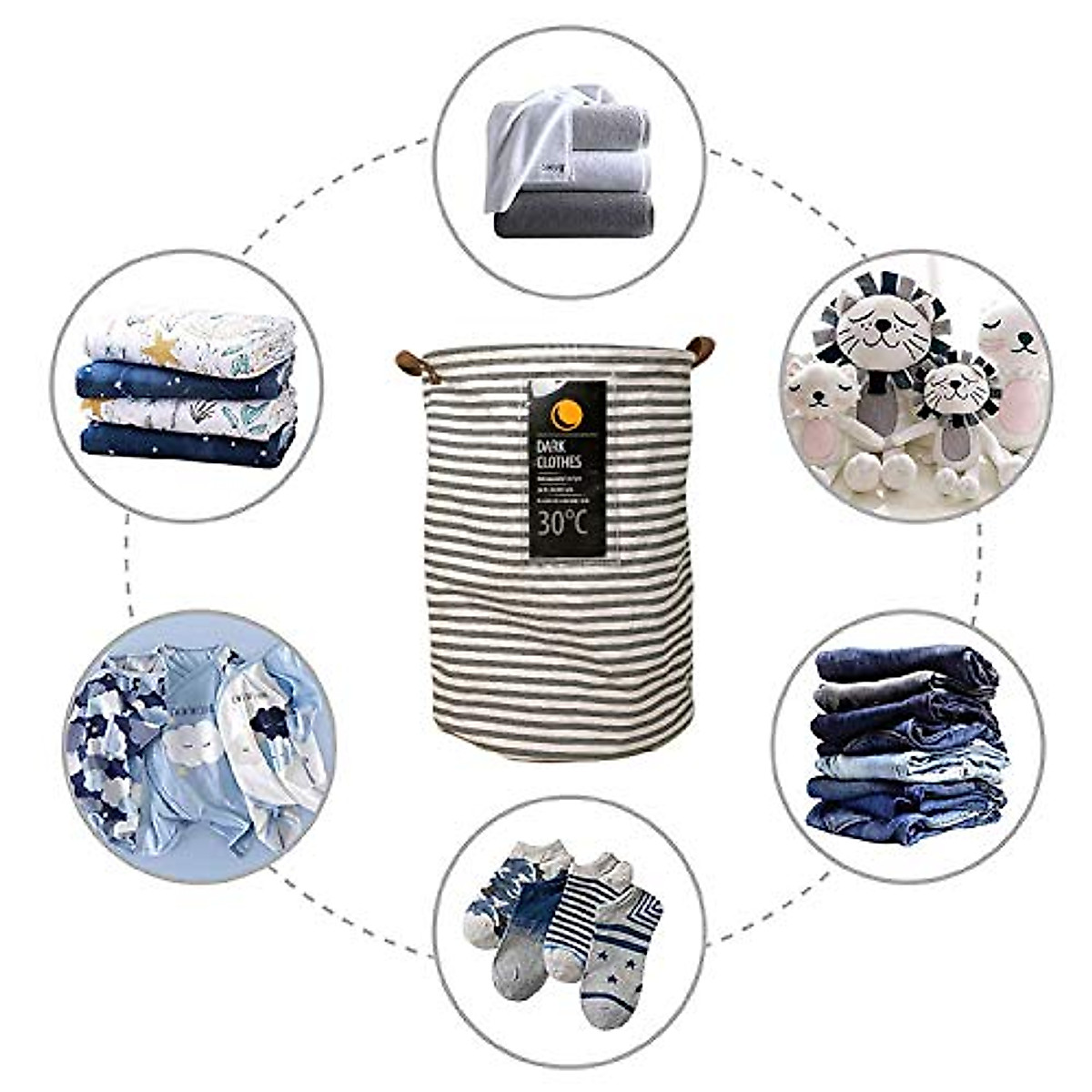 Deke Home Collapsible Laundry Basket Hamper. Round Striped Canvas Waterproof Large Storage bin Baskets. Storage Washing Clothes and Toys with Handles and drawnstring 13.3"x 18.5"