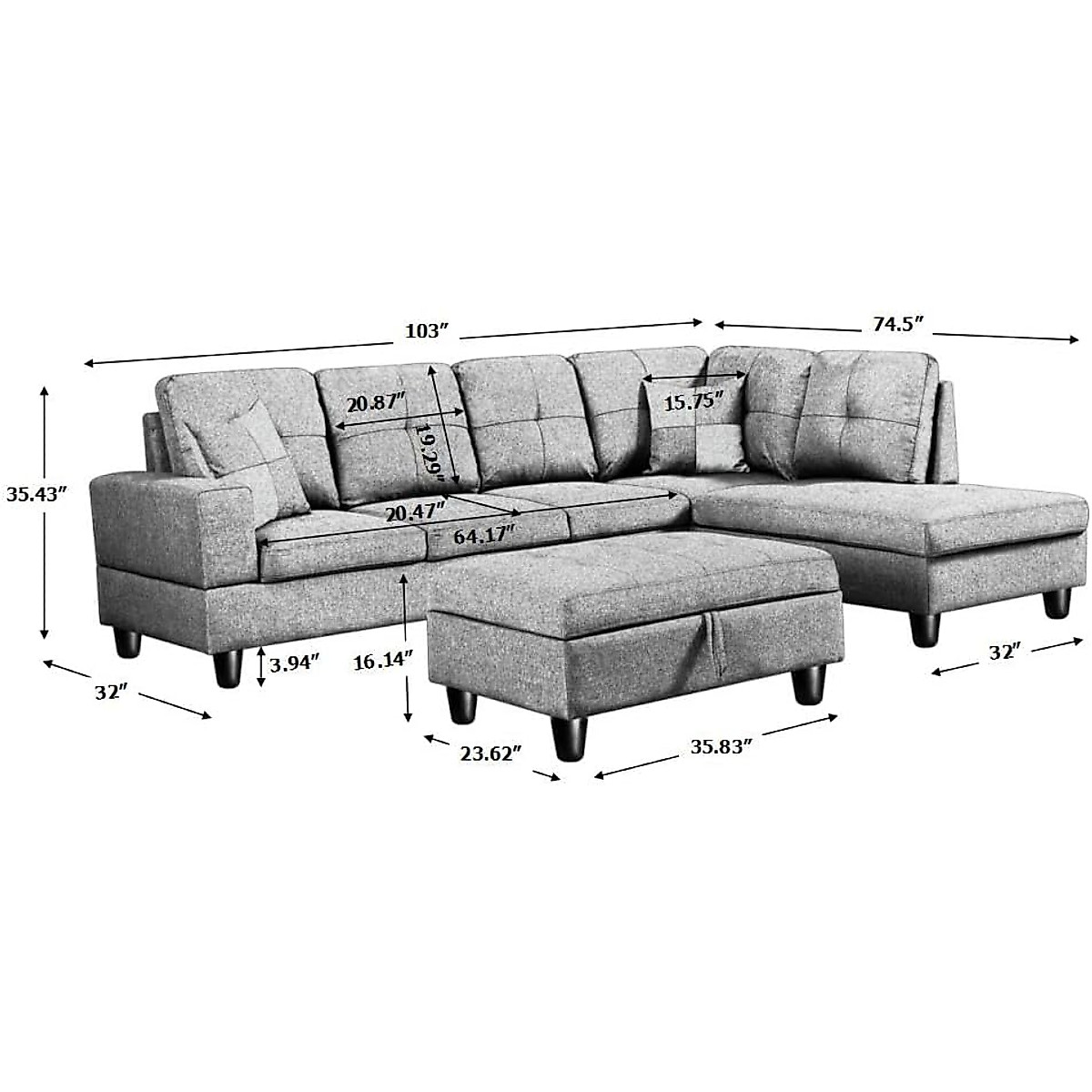 GINGVAT Black Faux Leather Sectional Sofa Living Room Furniture Set, L-Shape Couch with Right Chaise, Storage Ottoman, and 2 Pillows